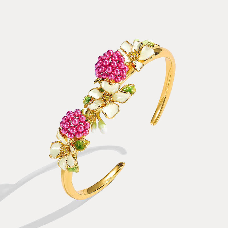 Selenichast Enamel Raspberry Flower 18K Gold Bangle Bracelet Fruit Jewelry Gift For Women