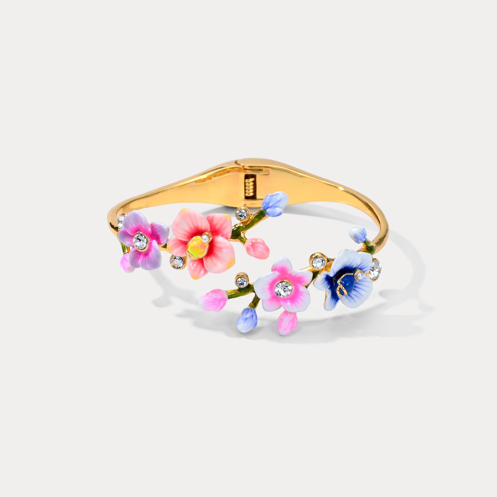 Selenichast 18K Gold Enamel Flower Orchid Bracelet Bangle Garden Jewelry Gift For Women For Girls