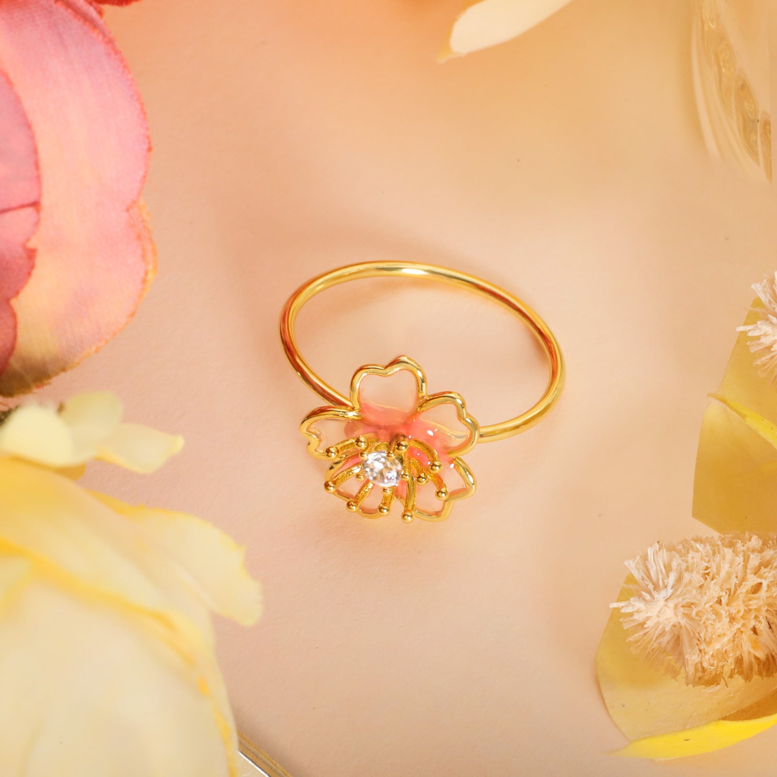 Selenichast Dainty Sakura Flower 18k Gold on Brass Adjustable Open Ring ...