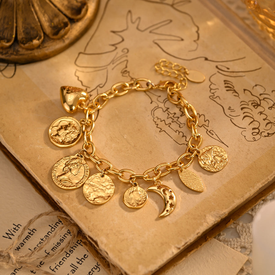 Selenichast Gold Coin Moon and Star Heart Charm Bracelet - Shop ...