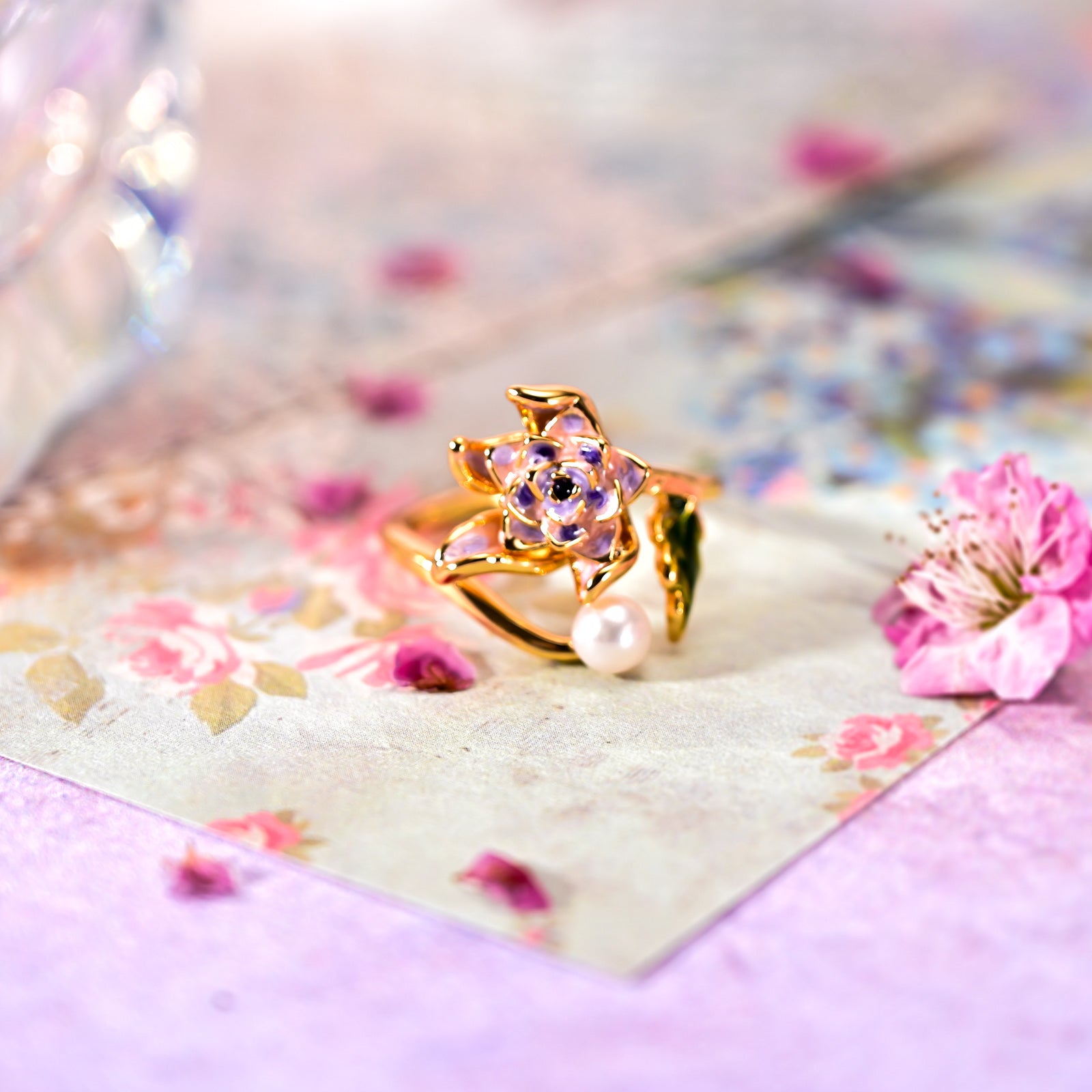 Selenichast Flower 18K Gold Purple Rose Oil Painting Ring Nature ...