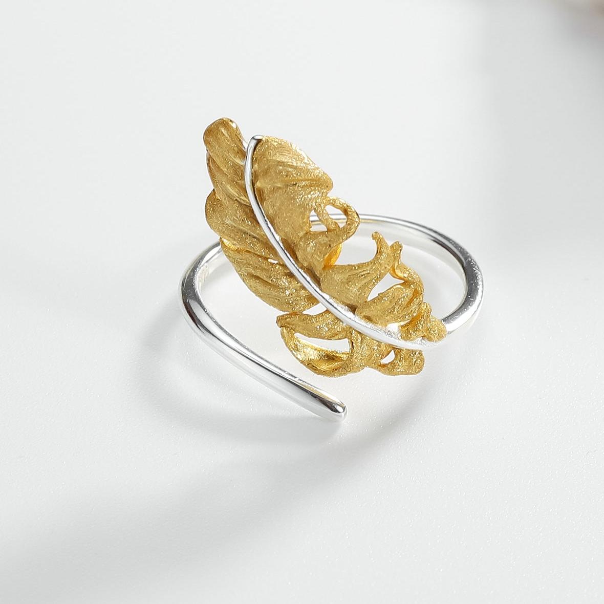 Selenichast Gold Feather Adjustable Ring | Sterling Silver Feather Ring ...