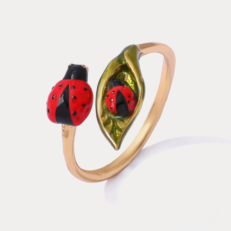 Selenichast Enamel 18k Gold Ladybug Adjustable Ring Nature Jewelry Gift ...